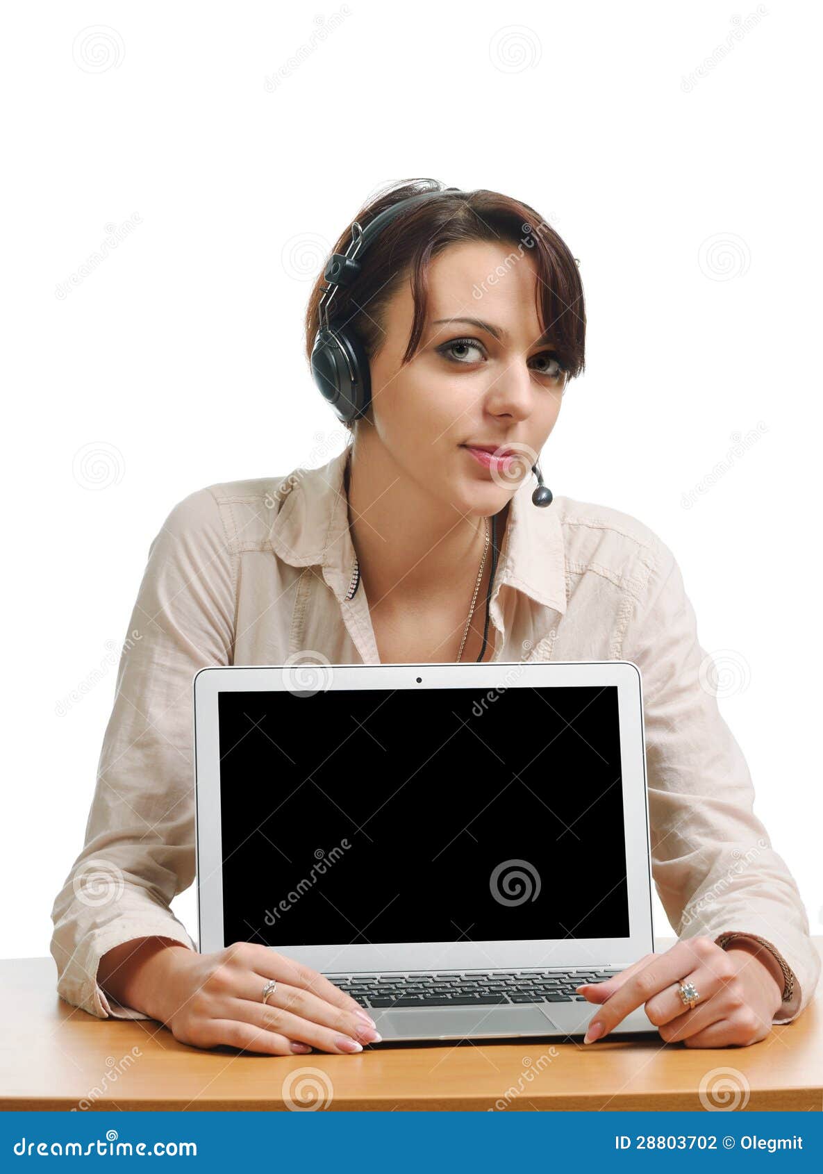Cheerful Woman in the Headset and with a Computer Stock Photo - Image ...