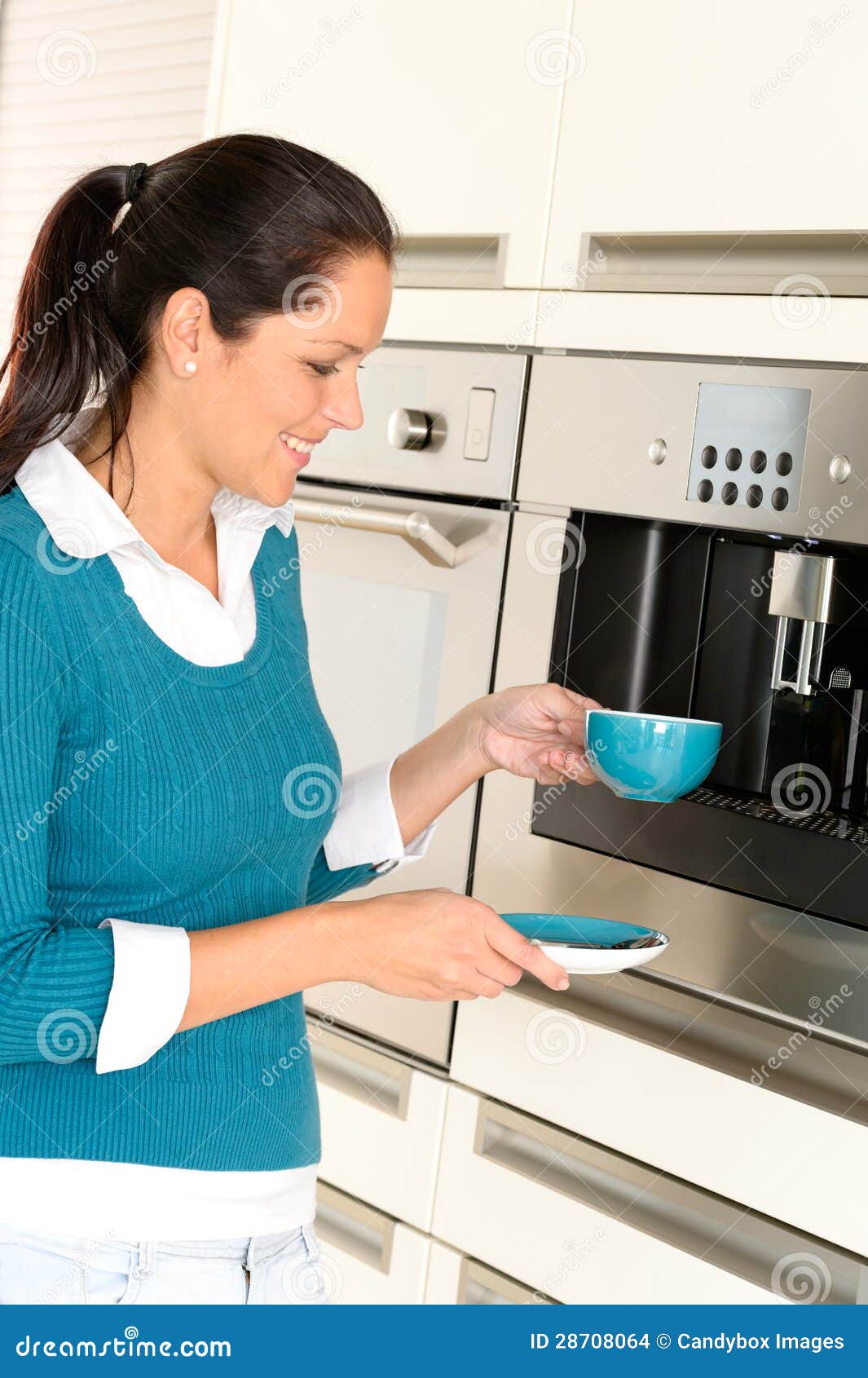 Cheerful Woman Making Coffee Machine Kitchen Cup Stock Photo - Image of ...