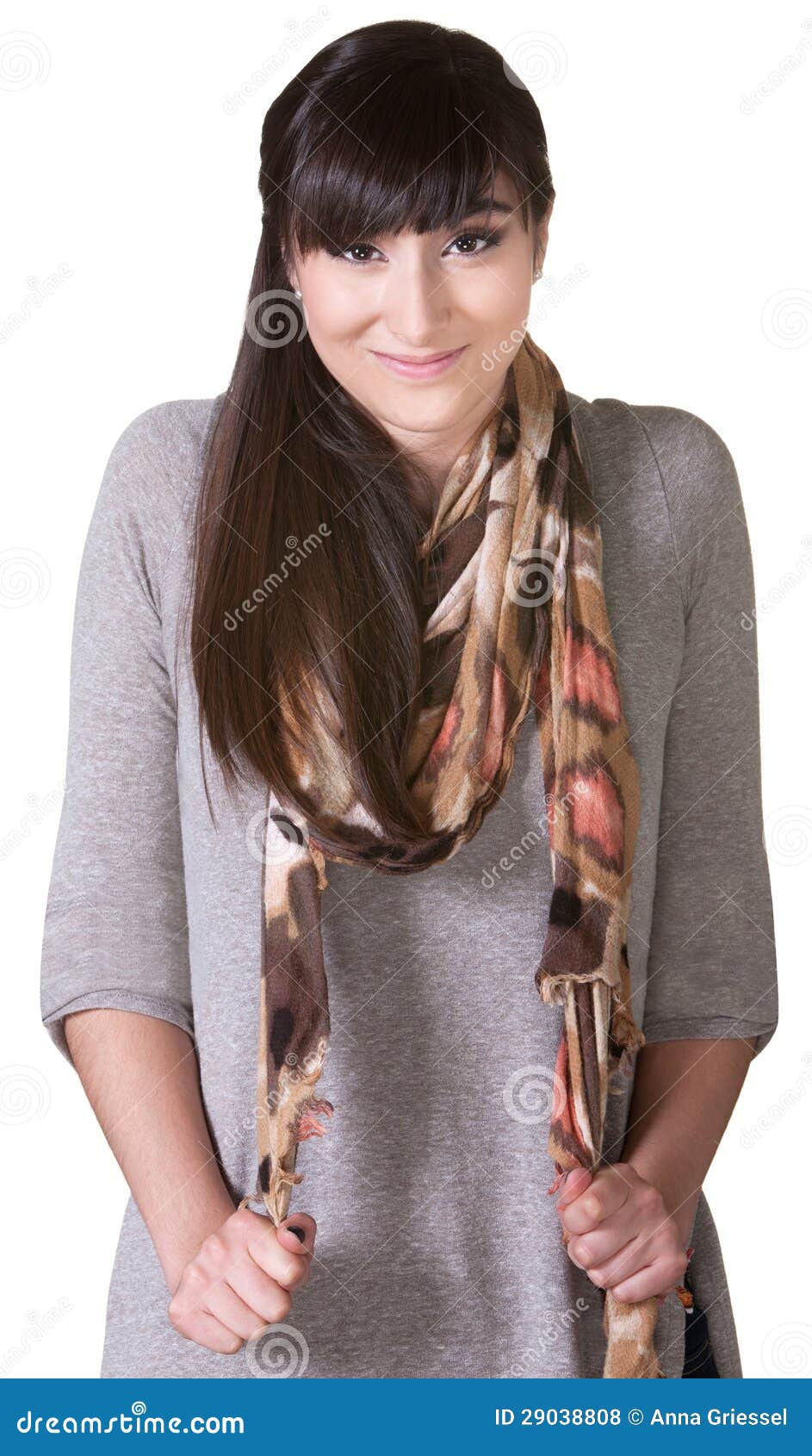 Cheerful Woman Pulling on Scarf Stock Photo - Image of asian, mixed ...
