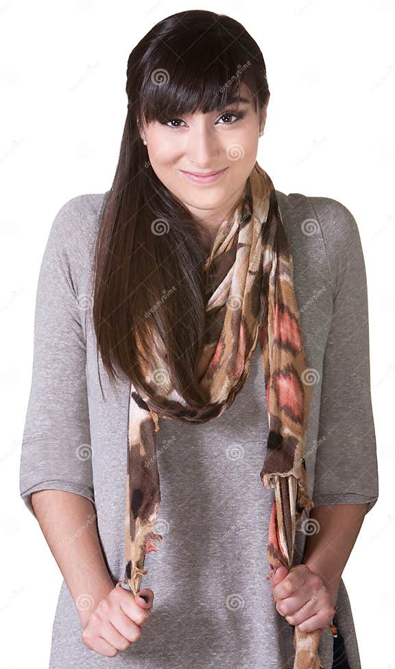 Cheerful Woman Pulling on Scarf Stock Photo - Image of asian, mixed ...