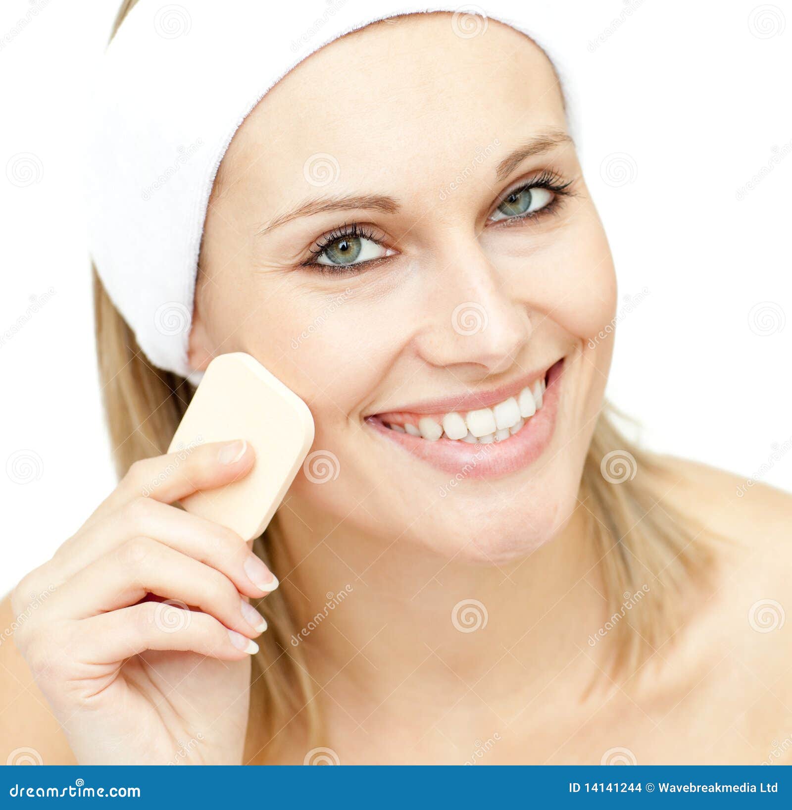 Cheerful Woman Putting Foundation Cream Stock Photo - Image of copy ...