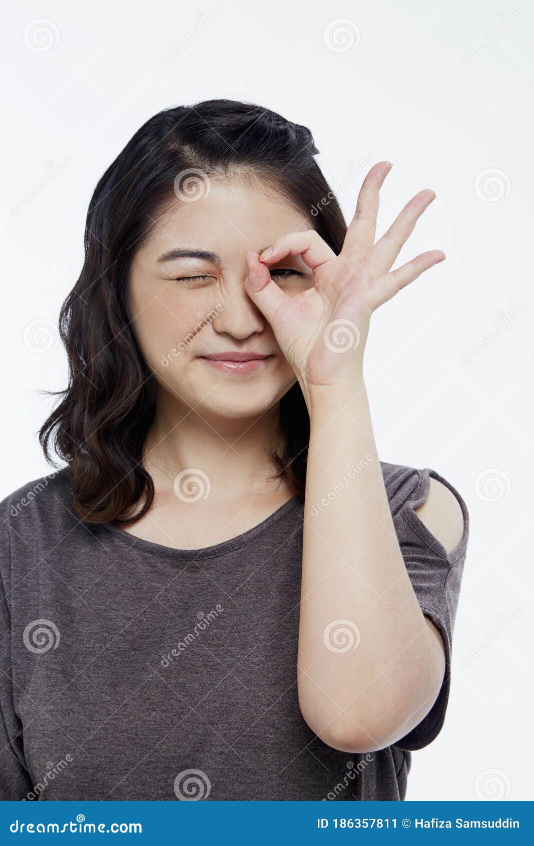Cheerful Woman Showing Hand Gesture Stock Image - Image of cute ...