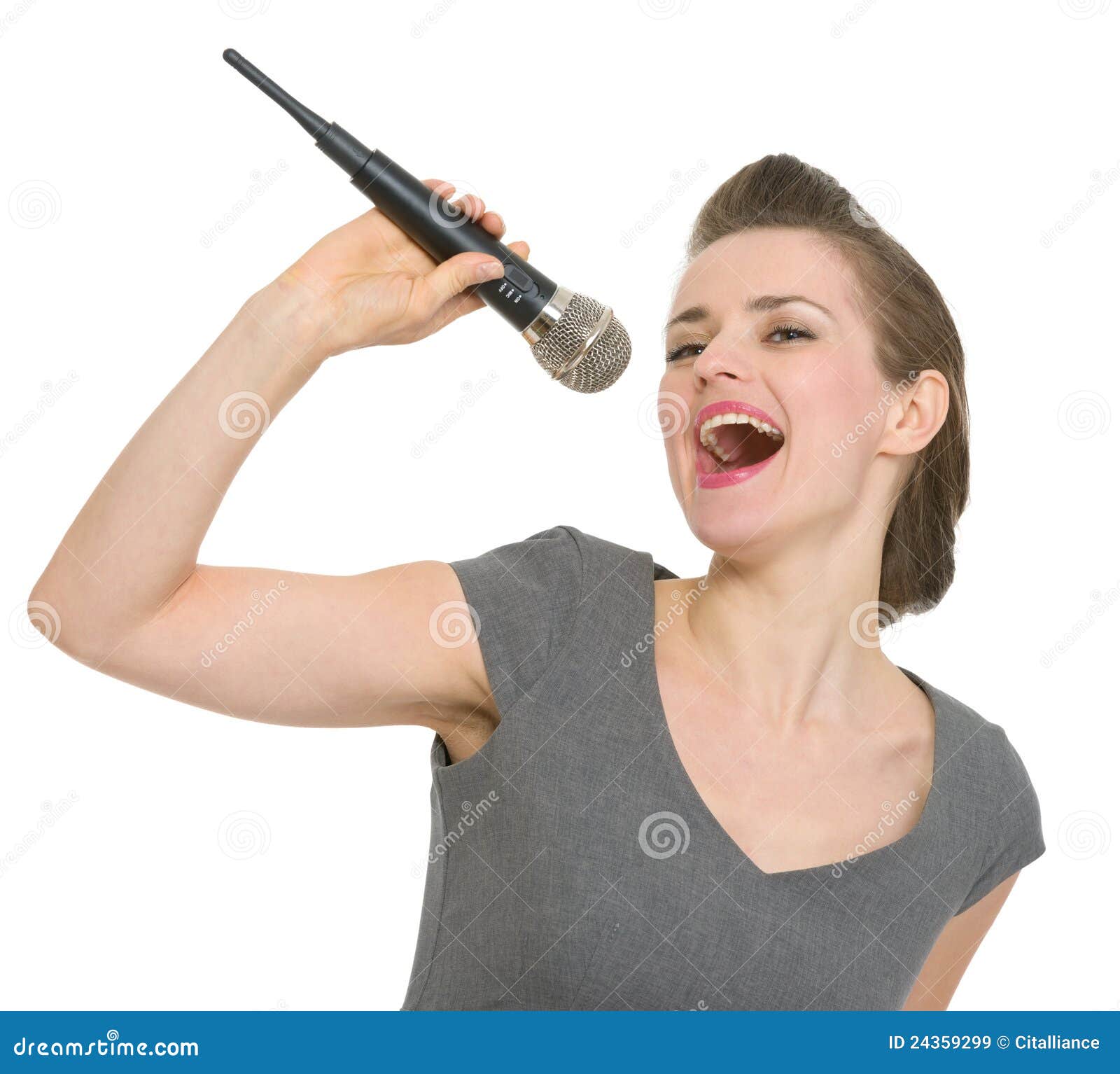 Cheerful Woman Singing in Microphone Isolated Stock Image - Image of ...
