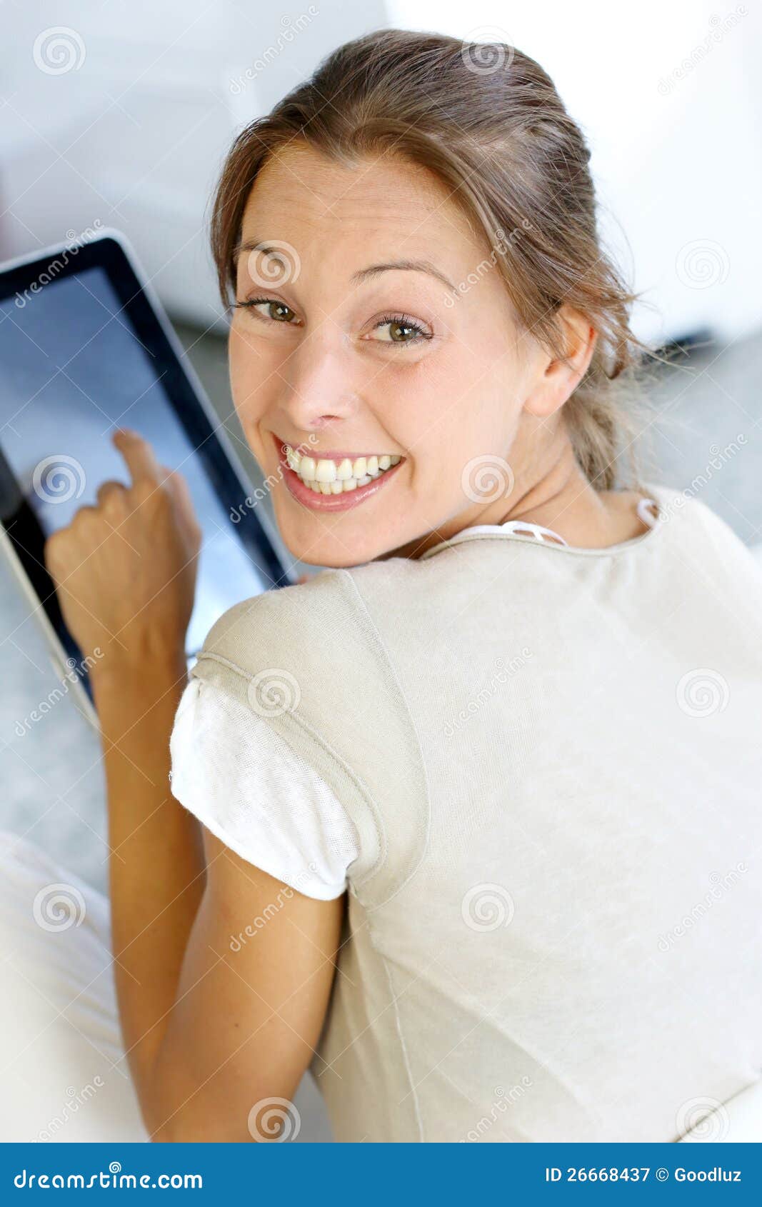 Cheerful Woman Using Touchpad Stock Image - Image of indoors, smile ...