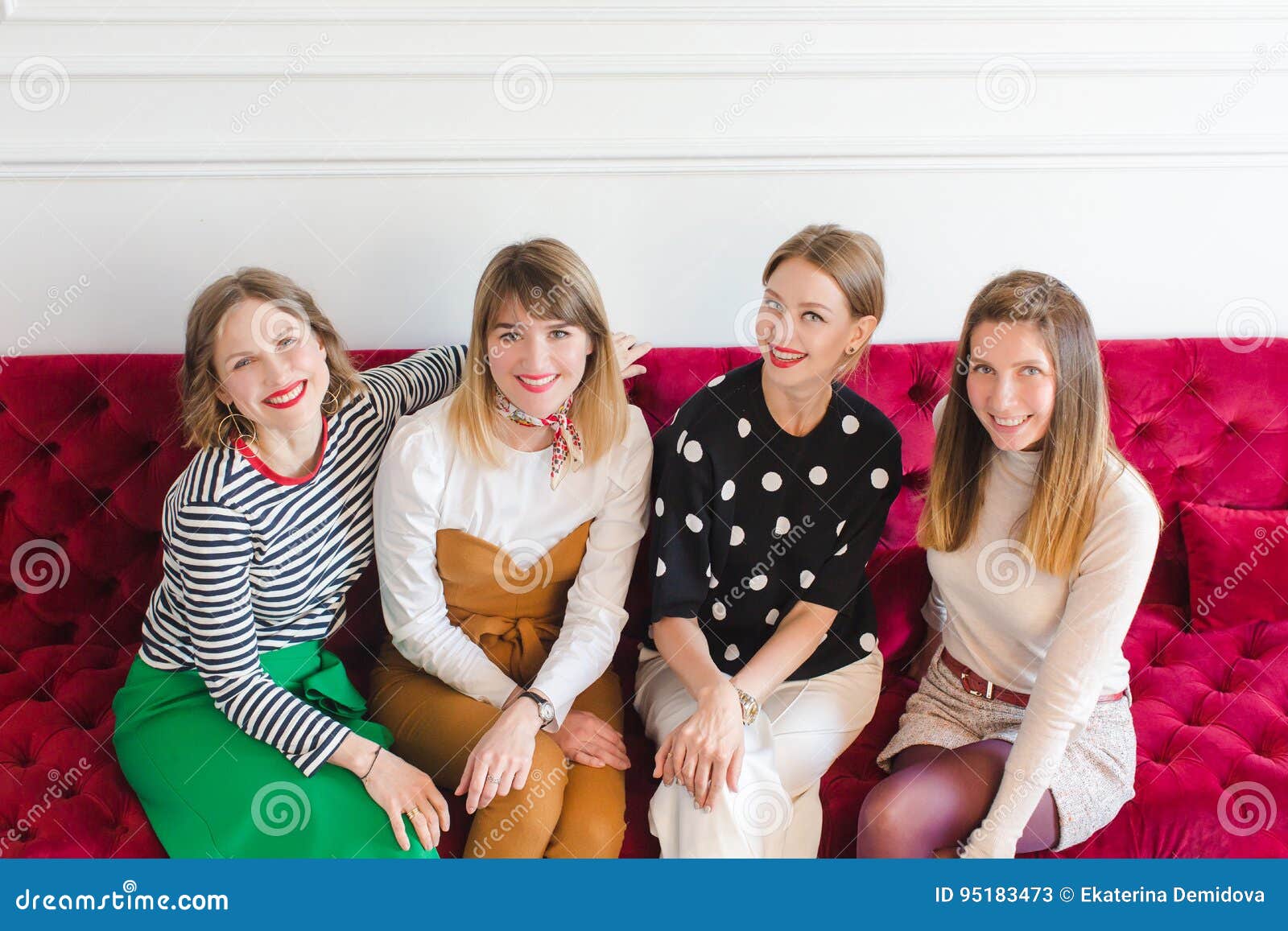 Cheerful Women Sitting on Couch Stock Image - Image of coworker, group ...