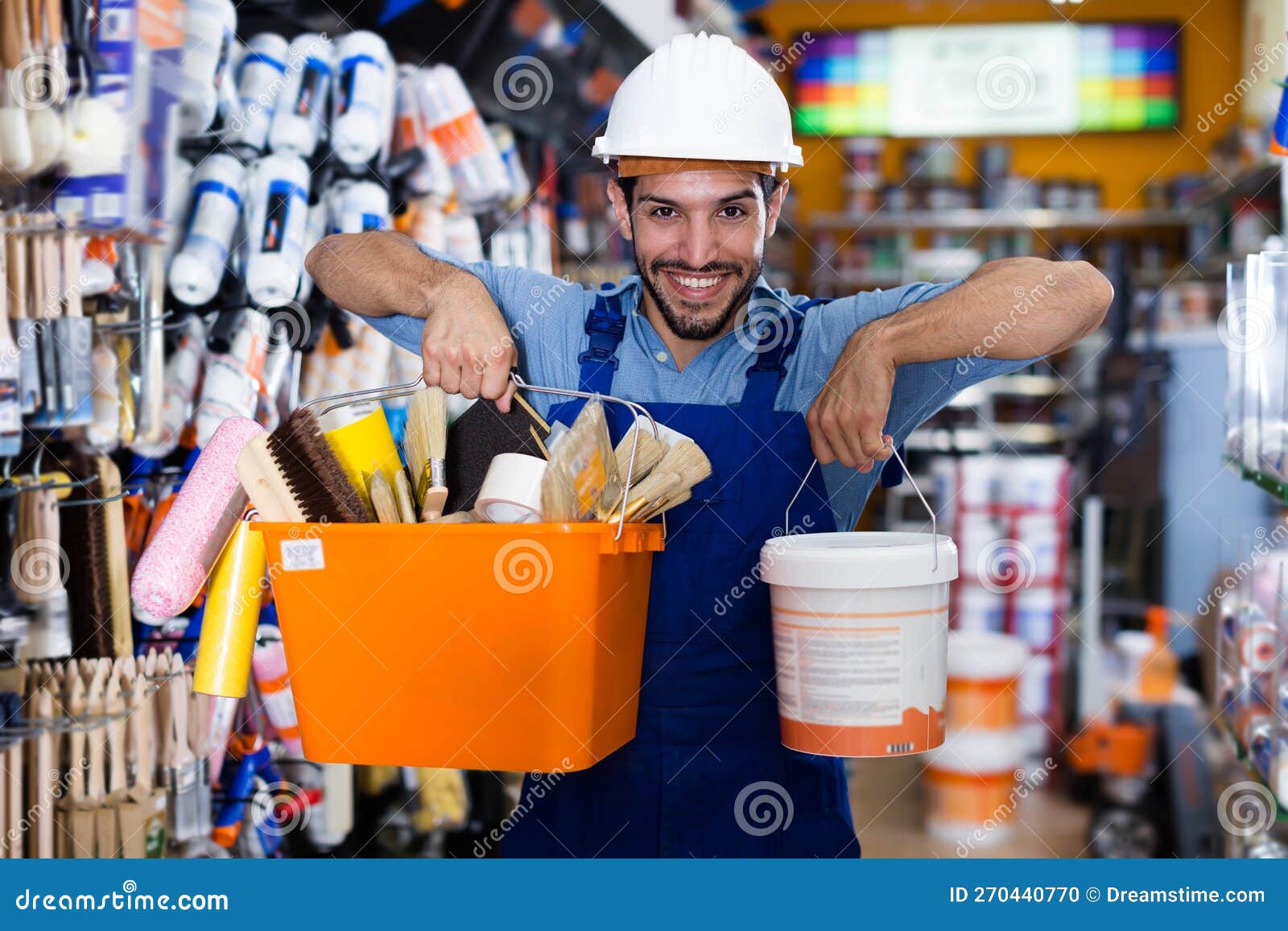 Cheerful Workman Holding Paint and Tools Stock Photo - Image of ...