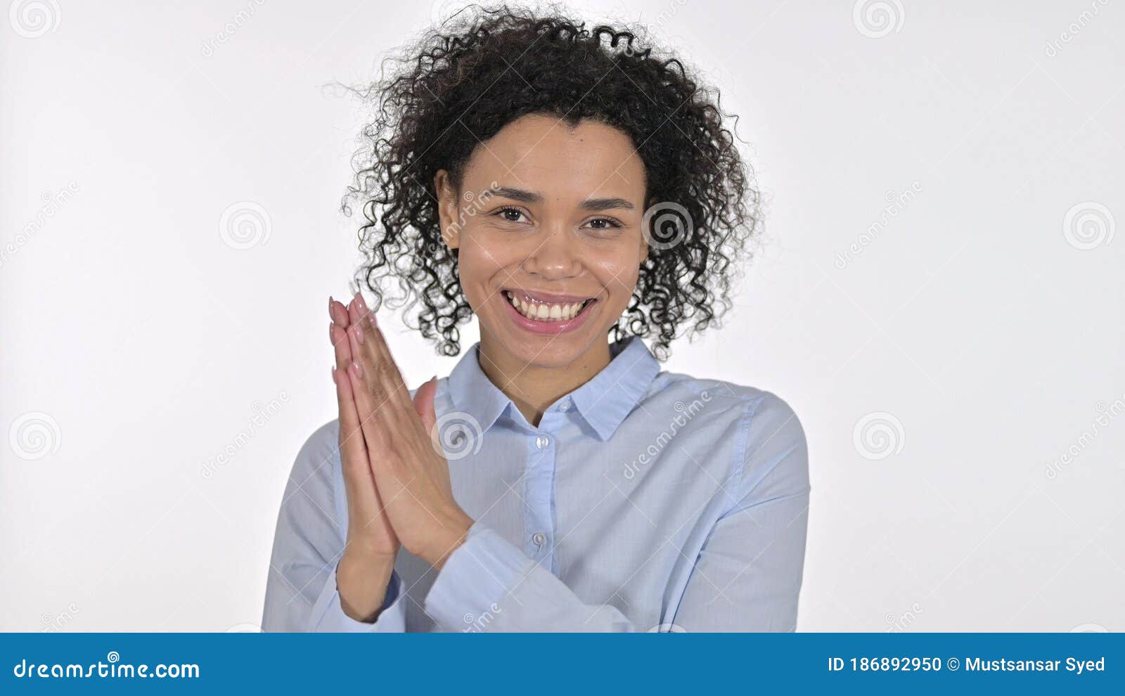 Cheerful Young African Woman Clapping, White Background Stock Photo ...