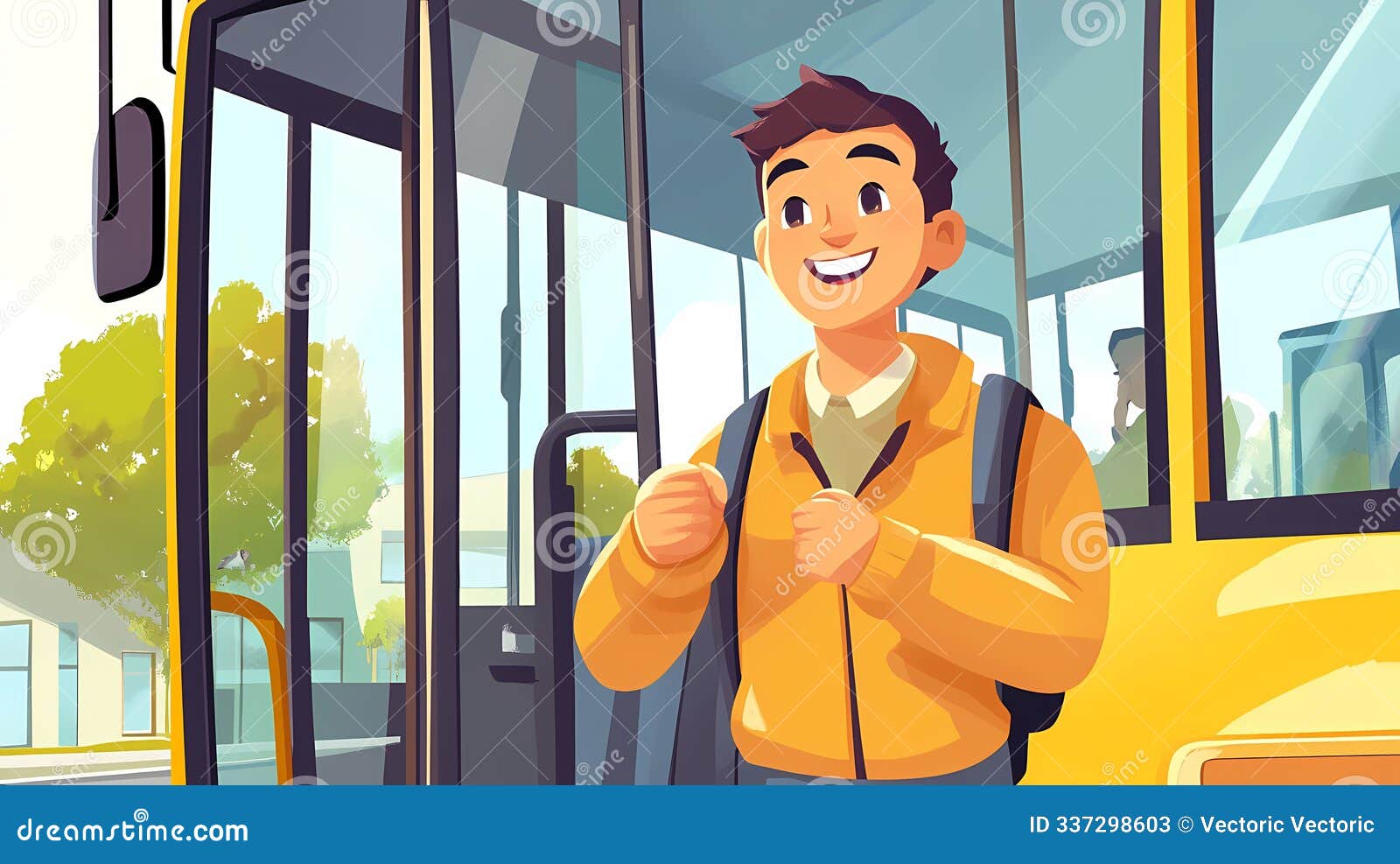 A Cheerful Young Boy in a Yellow Jacket Boards a School Bus, Ready for ...