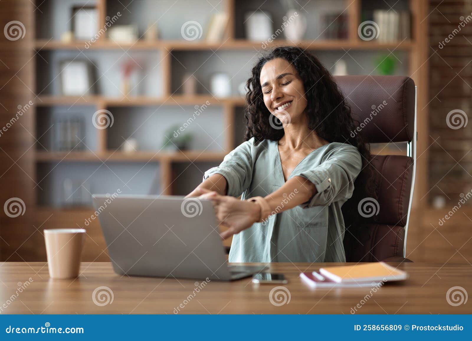 Cheerful Young Brunette Woman Using Laptop At Office Copy Space Stock