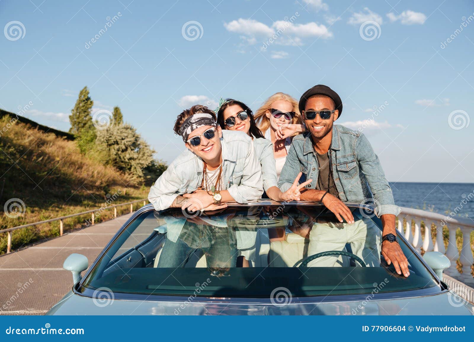 Cheerful Young Friends Driving Car in Summer Stock Photo - Image of ...