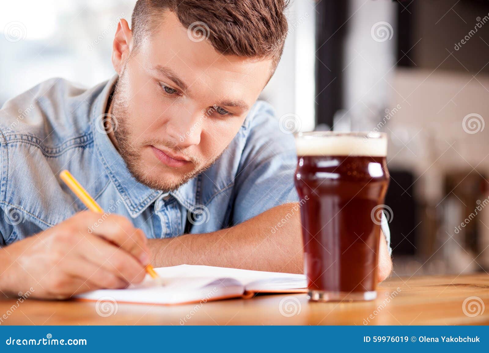 Cheerful Young Guy is Working in Pub Stock Image - Image of ordering ...