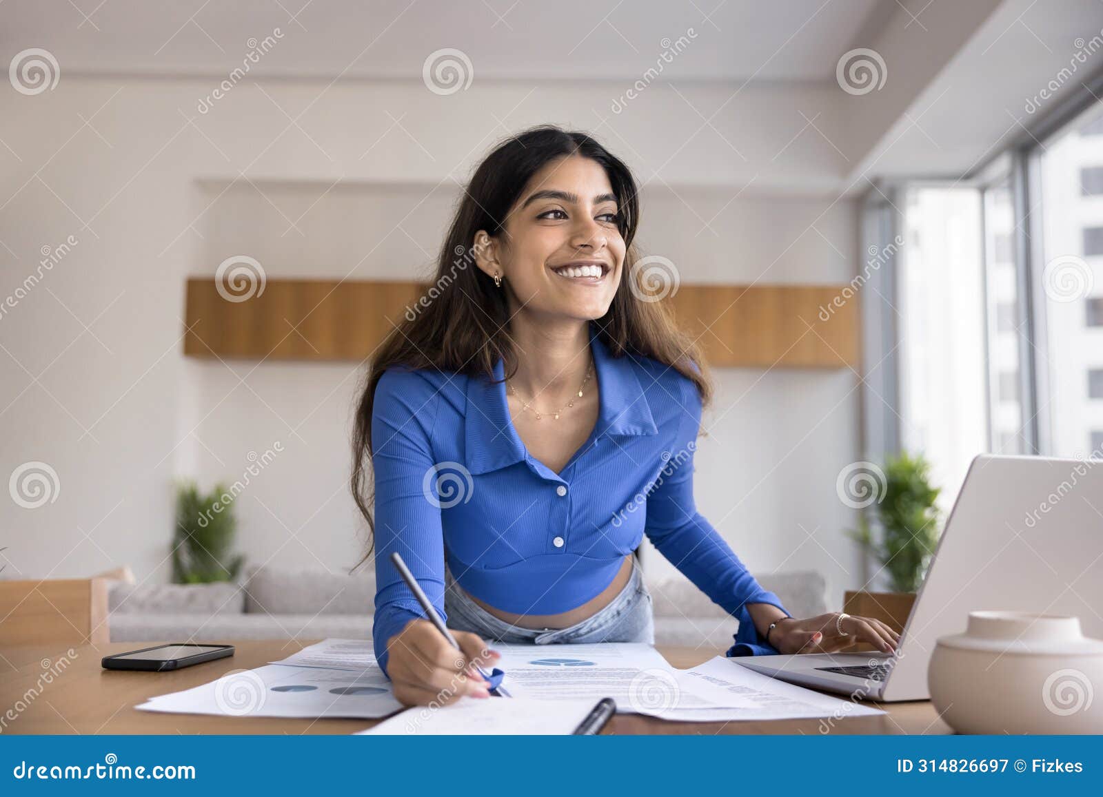 Cheerful Young Indian Project Manager Woman Working at Home Stock Image ...