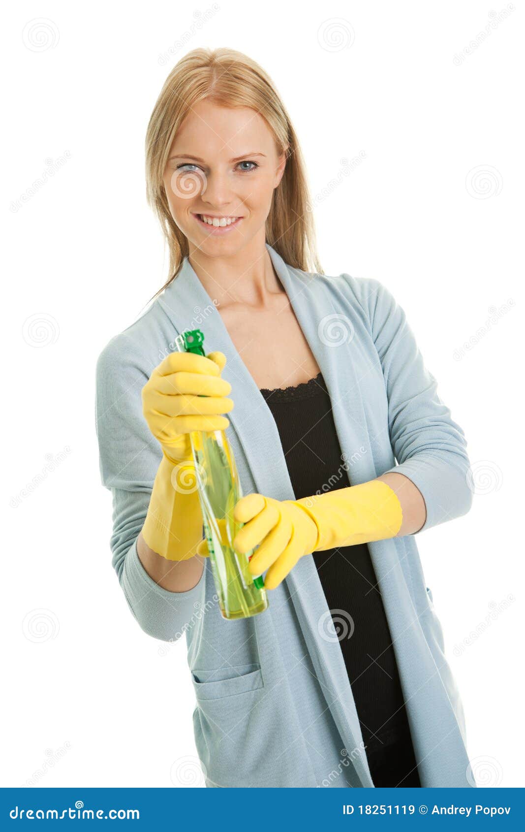 Cheerful Young Lady Spraying Cleaner Liquid Stock Image - Image of ...