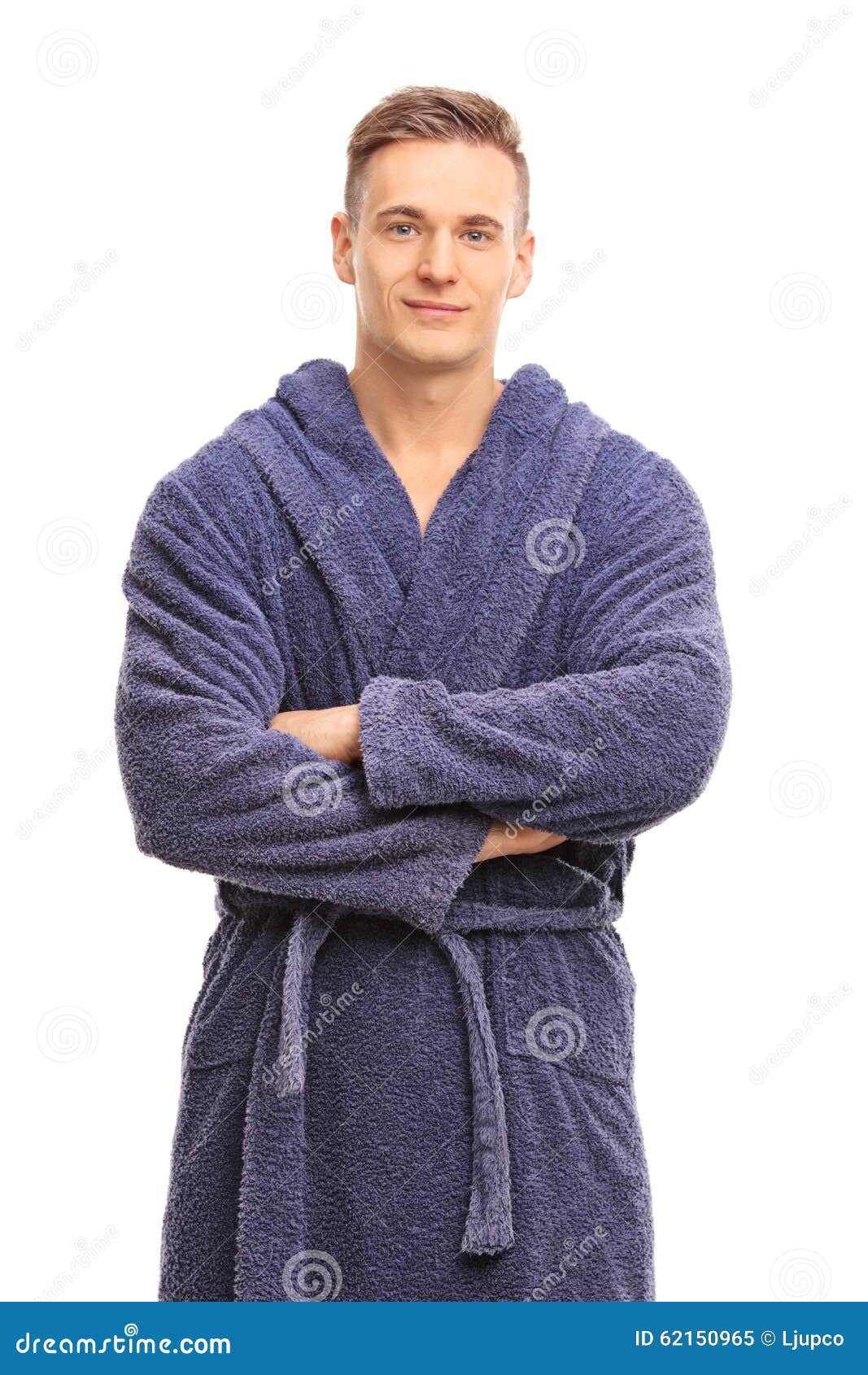 Cheerful Young Man in a Blue Bathrobe Smiling Stock Image - Image of ...