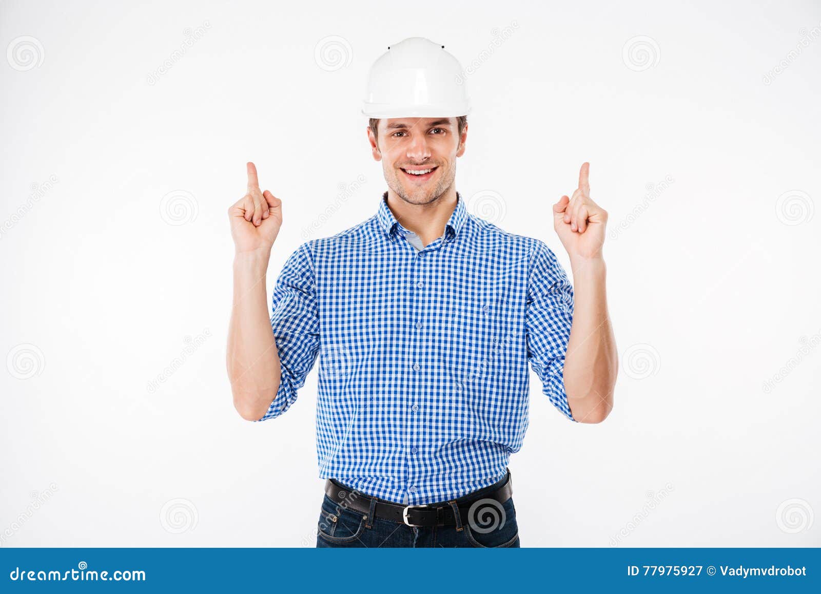 Cheerful Young Man Builder Hard Hat Pointing Up Stock Photos - Free ...