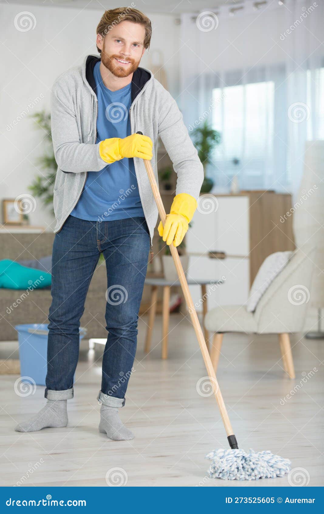Cheerful Young Man Mopping Floor at Home Stock Image - Image of ...