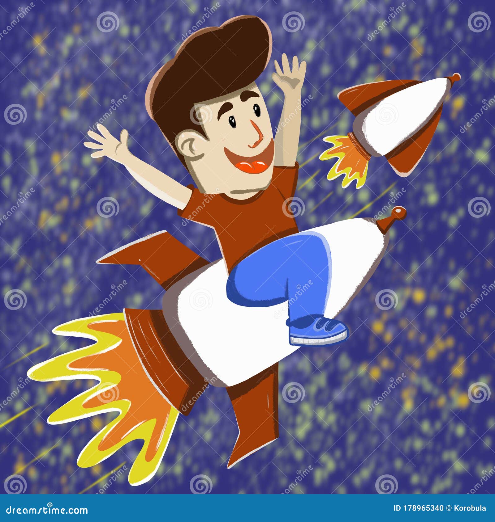Cheerful Young Man Riding a Rocket in Space, Illustration Stock ...
