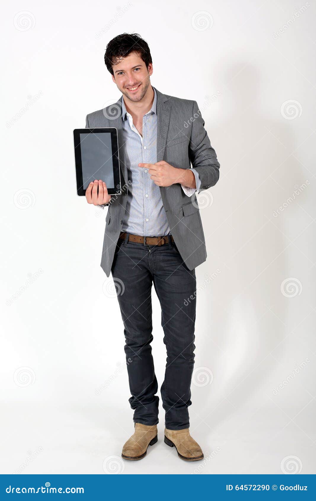 Cheerful Young Man Showing Tablet Isolated Stock Photo - Image of ...