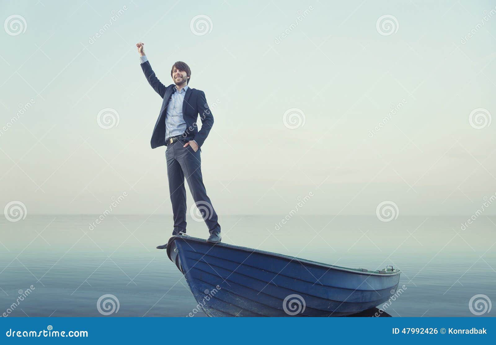 Cheerful Young Man on the Tiny Boat Stock Photo - Image of confident ...