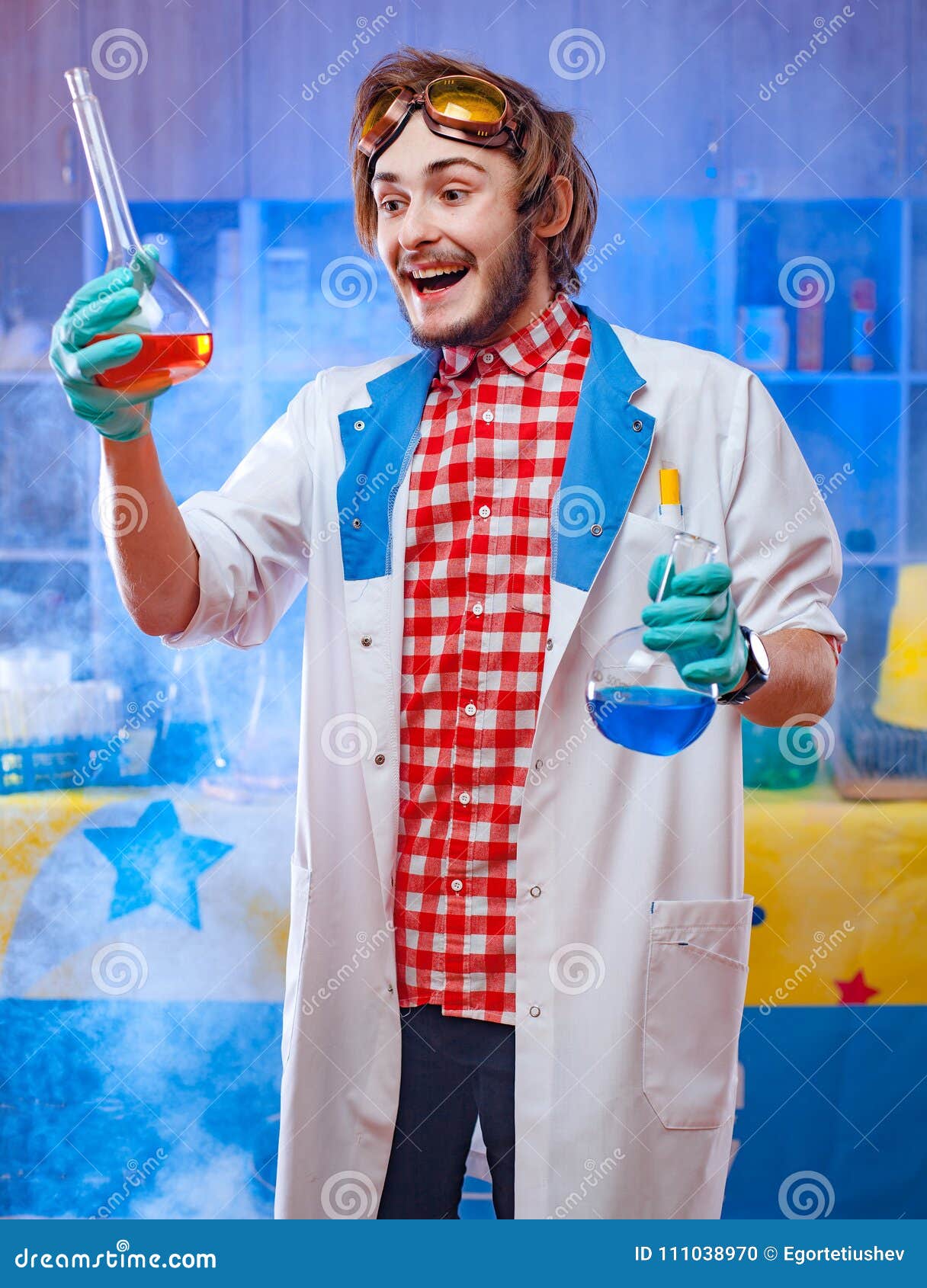Cheerful Young Scientist with Flasks Stock Photo - Image of expression ...