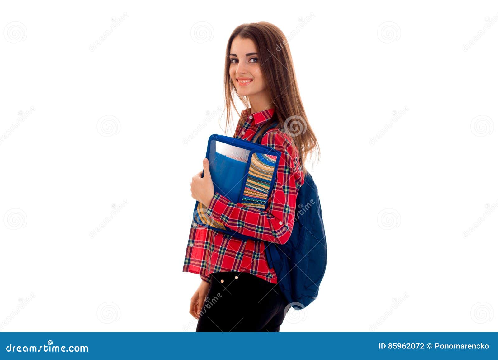 Cheerful Young Student Girl with Backpack and Folder for Notebooks ...