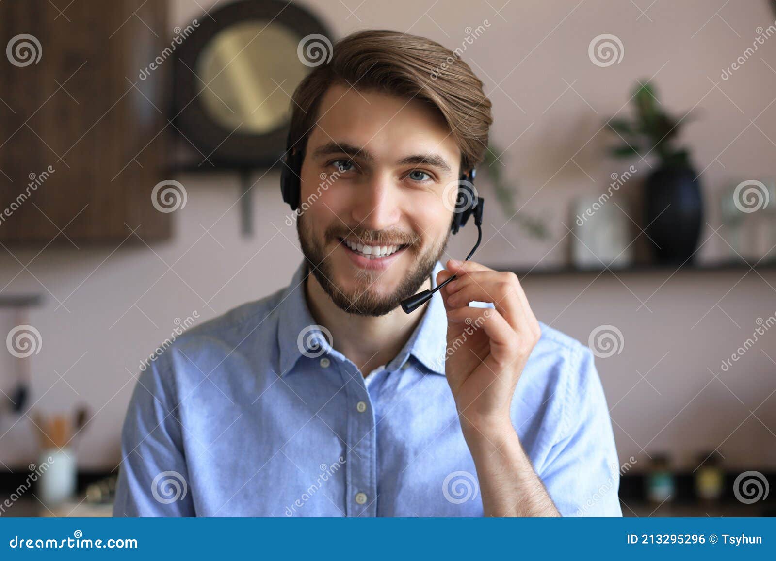 Cheerful Young Support Phone Male Operator in Headset, at Workplace ...
