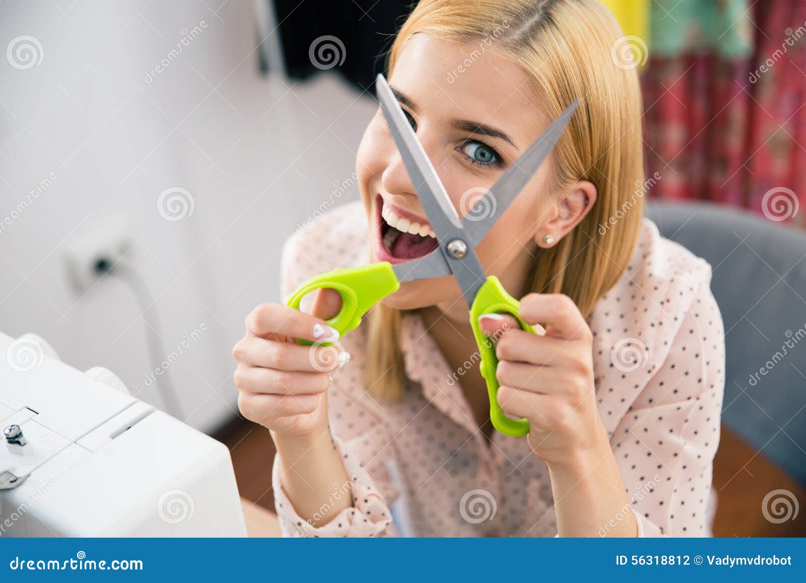 Cheerful Young Woman Holding Scissors Stock Photo - Image of occupation ...