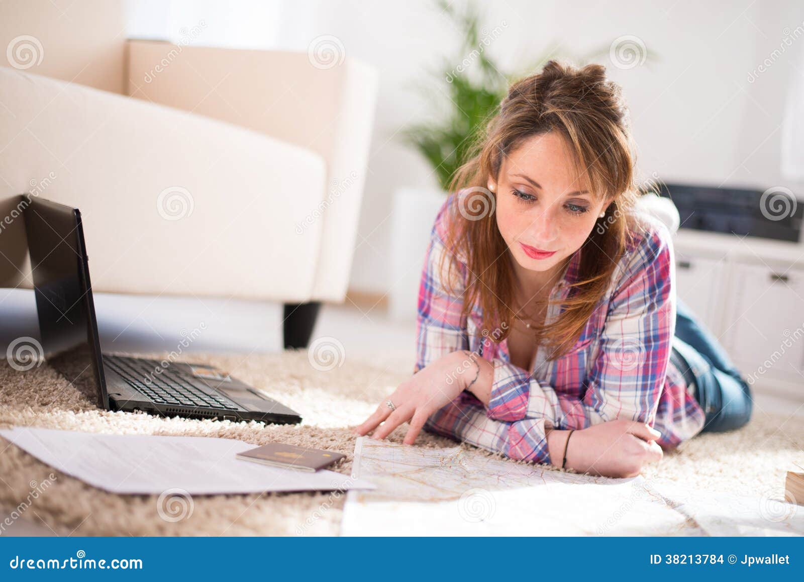 Cheerful Young Woman at Home with Laptop Computer Stock Photo - Image ...