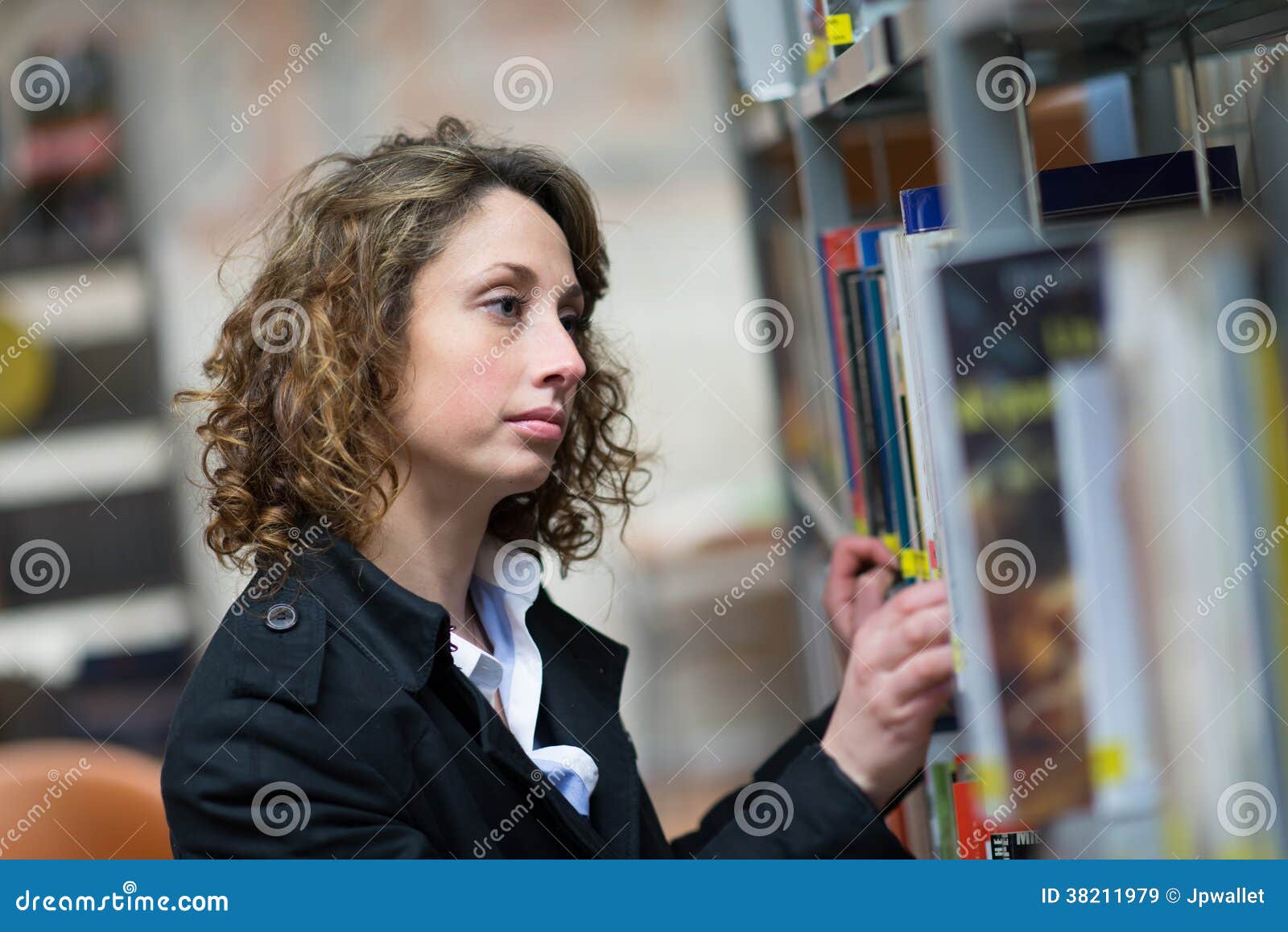 Cheerful Young Woman in Public Library Stock Image - Image of closeup ...