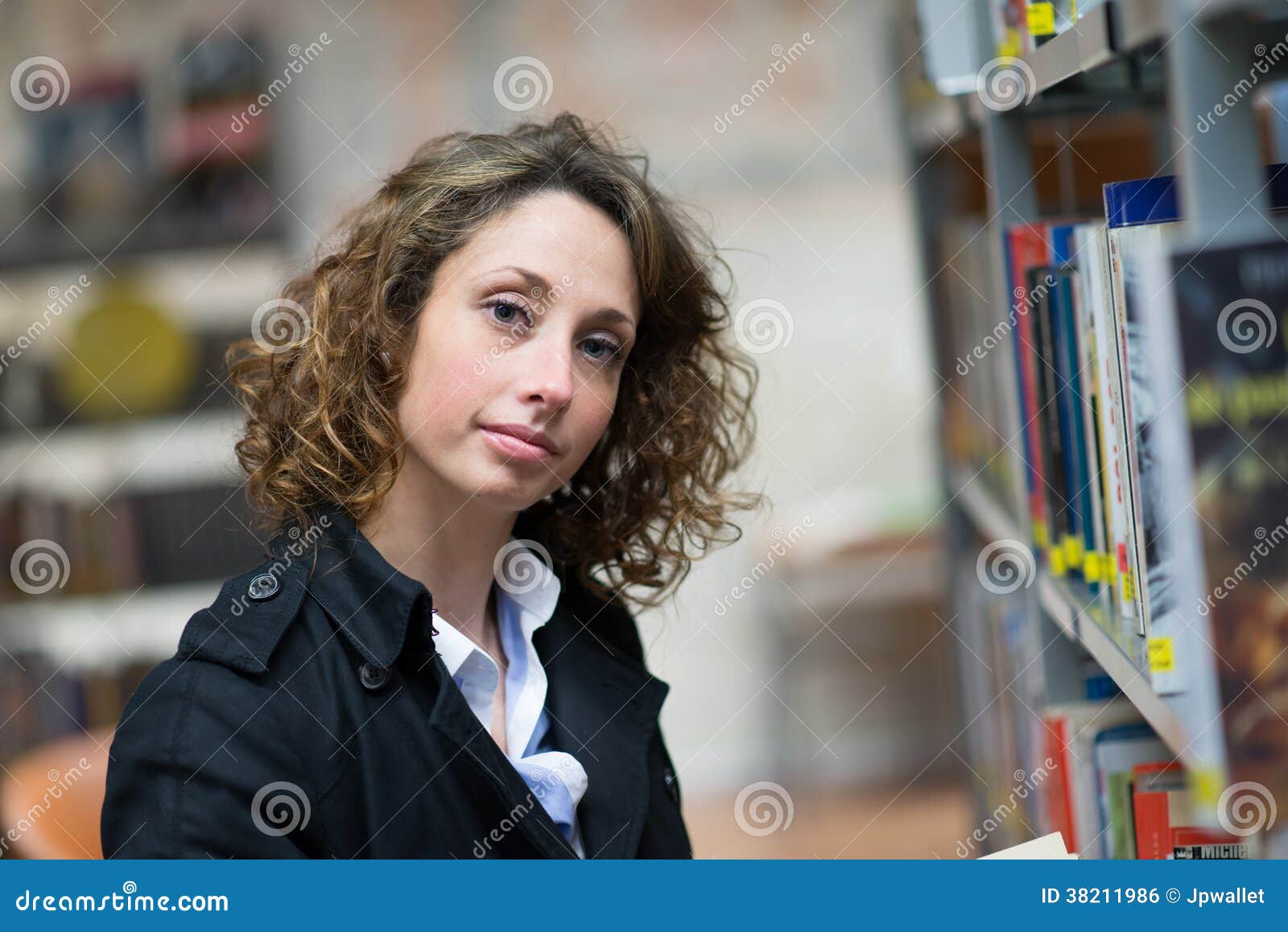 Cheerful Young Woman in Public Library Stock Photo - Image of modern ...