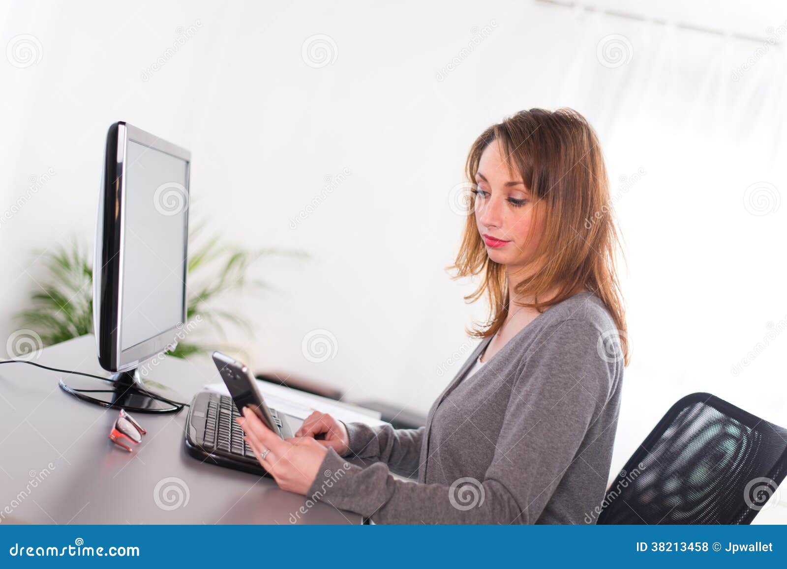 Cheerful Young Woman Secretary Working with Computer Stock Photo ...