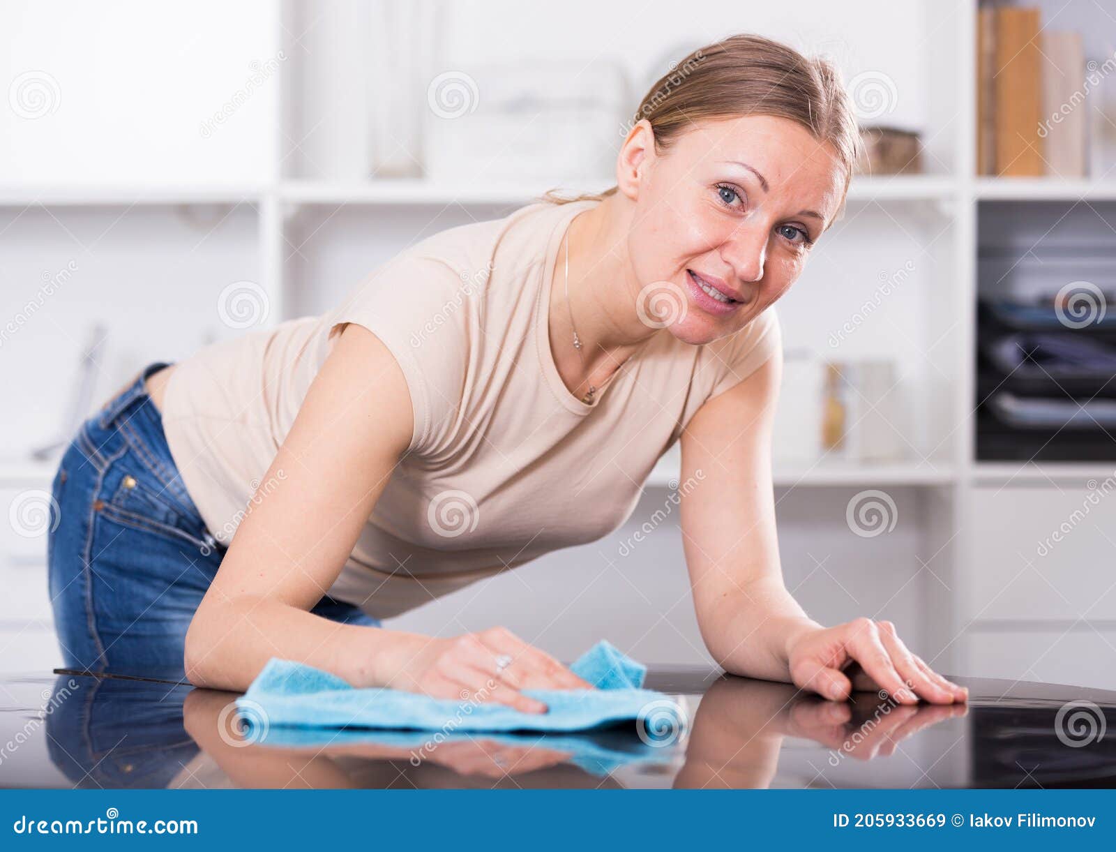 Cheerful Woman Wiping Table Stock Image - Image of narrowly, people ...