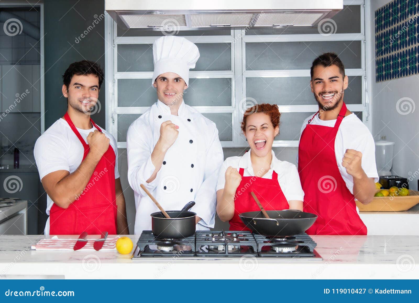 Cheering Chef with Team at Kitchen Stock Image - Image of caucasian ...