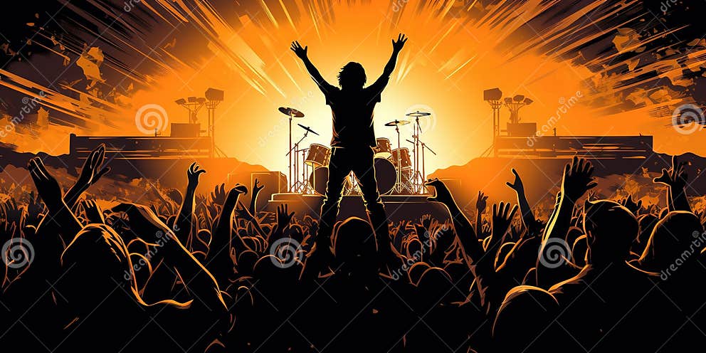 Cheering Crowd And Stage Lights Audience At Outdoor Music Festival