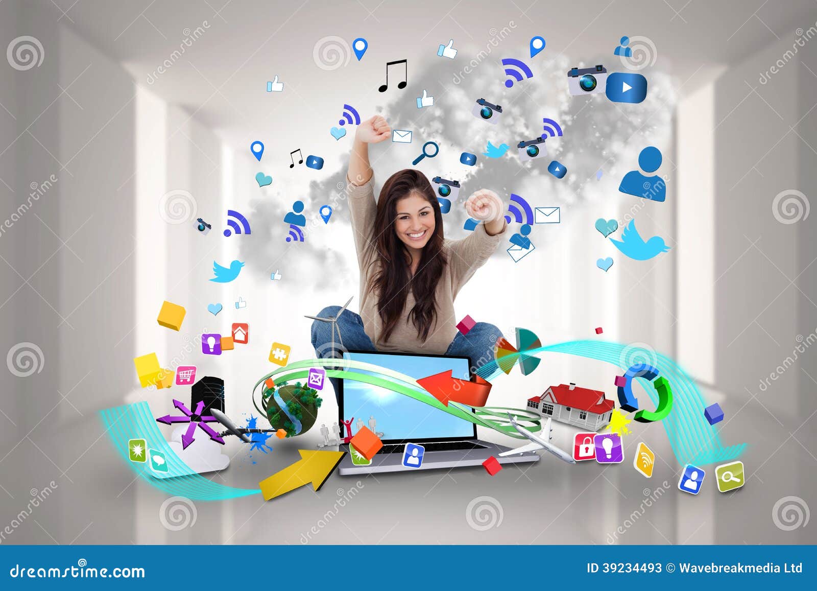 Cheering Girl Using Laptop with App Icons Stock Image - Image of adult ...
