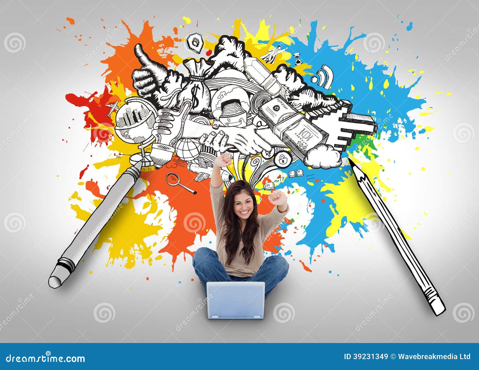 Cheering Girl Using Laptop with Doodles Stock Image - Image of computer ...