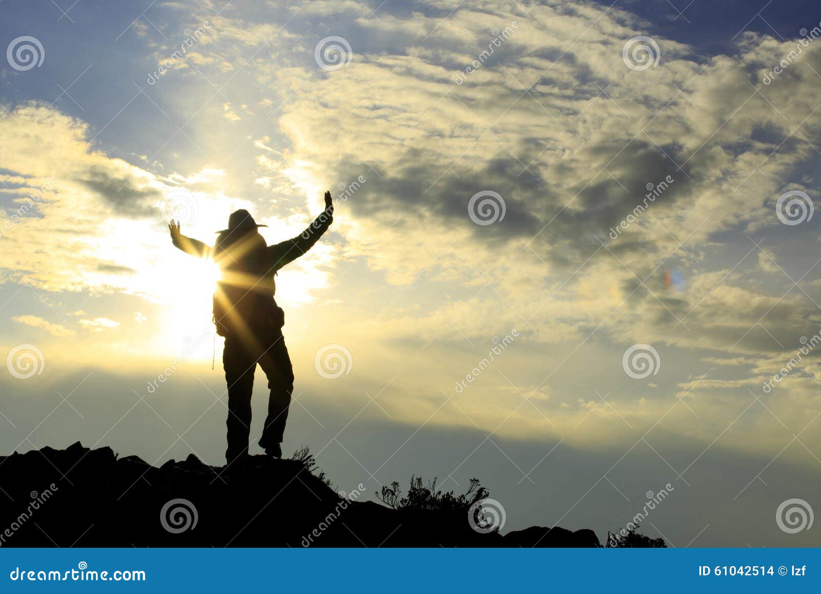 Cheering Hiker Open Arms on Sunset Mountain Peak Stock Photo - Image of ...