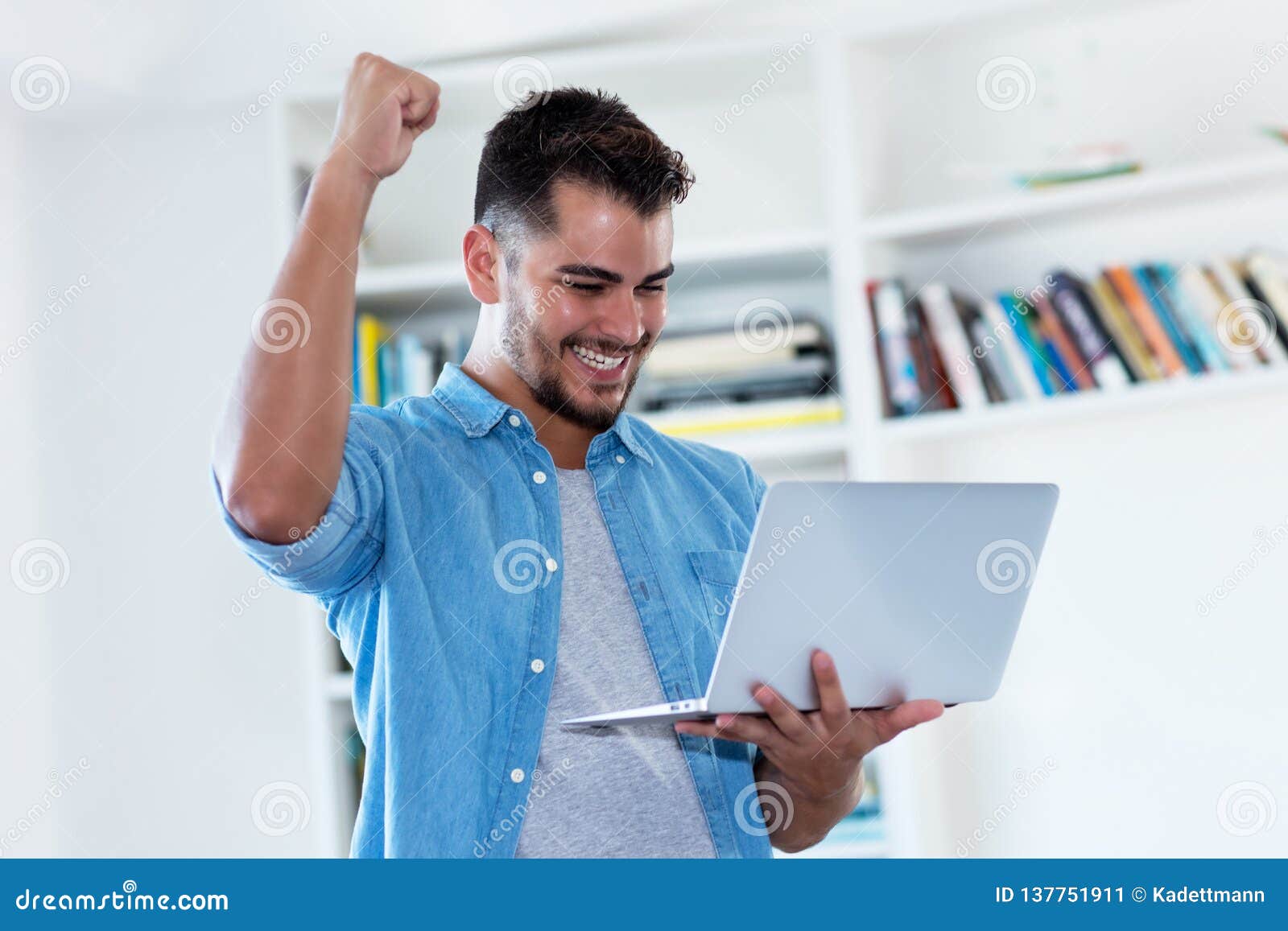 Cheering Mexican Hipster Man with Beard and Computer Stock Image ...