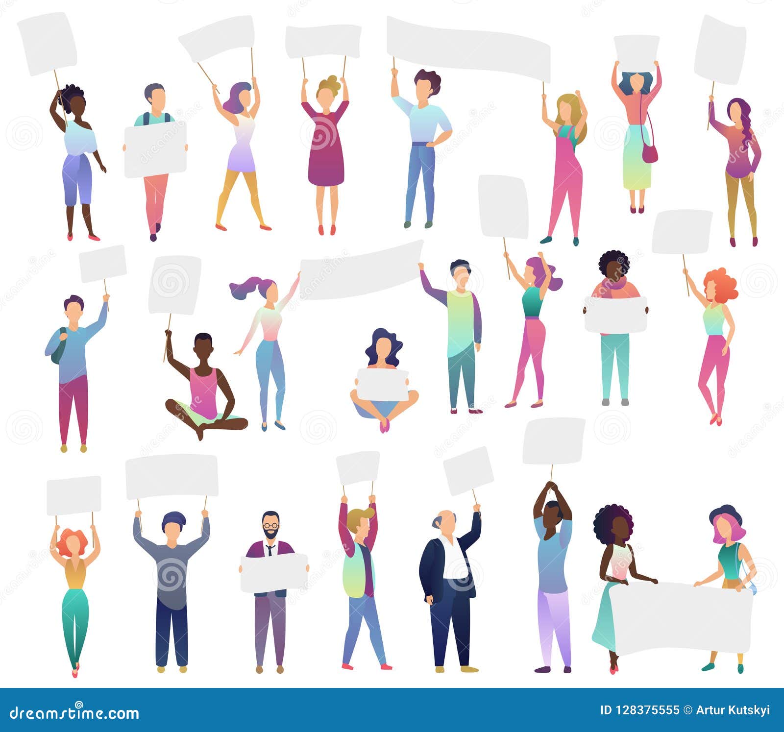 Cheering Protesting People Crowd Holding Banners Set Isolated. Stock ...