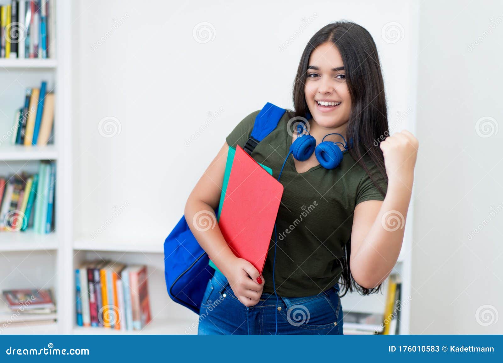 Cheering Spanish Female Student with Copy Space Stock Image - Image of ...