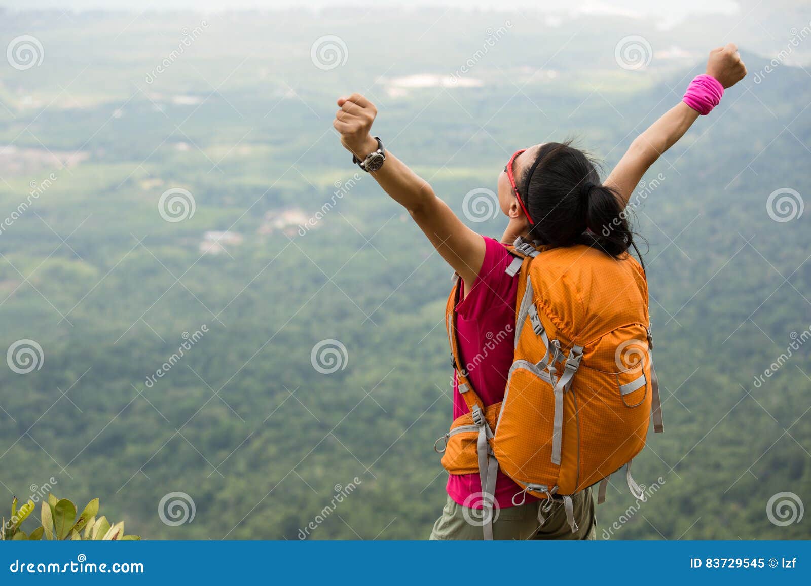 Cheering woman hiker stock image. Image of cheering, beautiful - 83729545