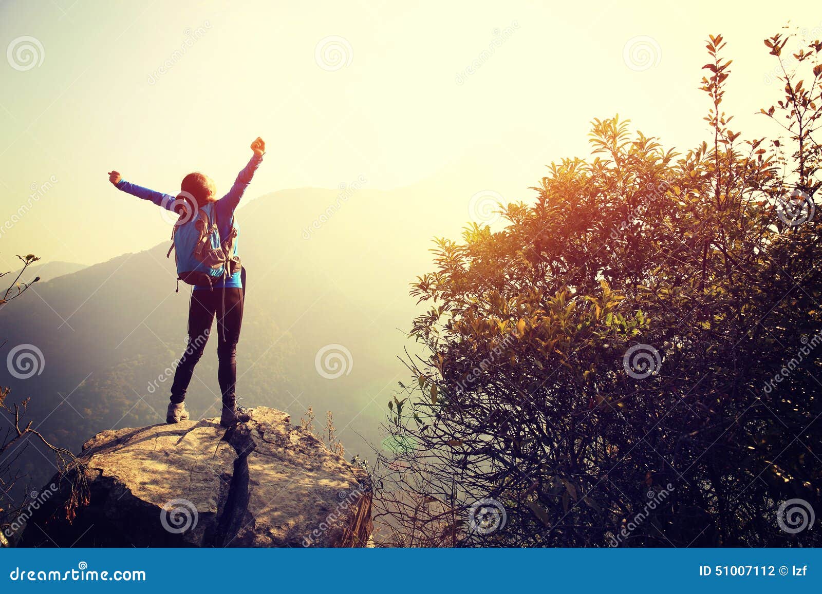 Cheering Woman Hiker Open Arms at Mountain Peak Stock Photo - Image of ...
