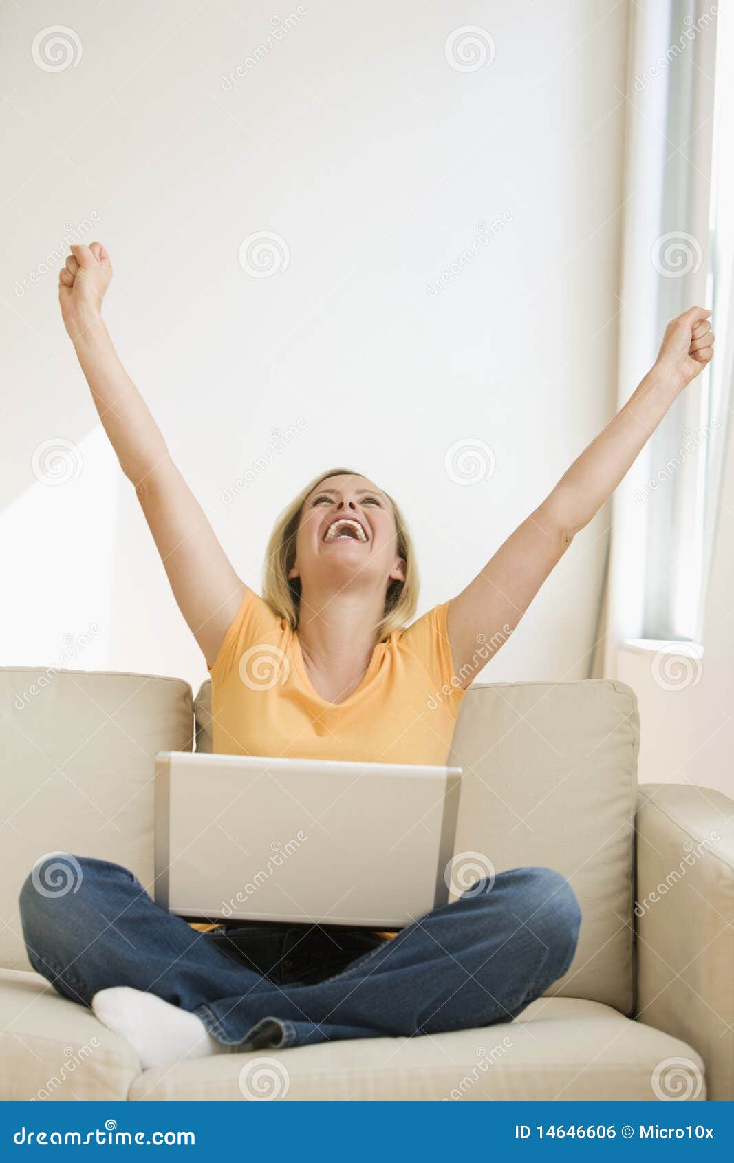 Cheering Woman with Laptop stock photo. Image of person - 14646606