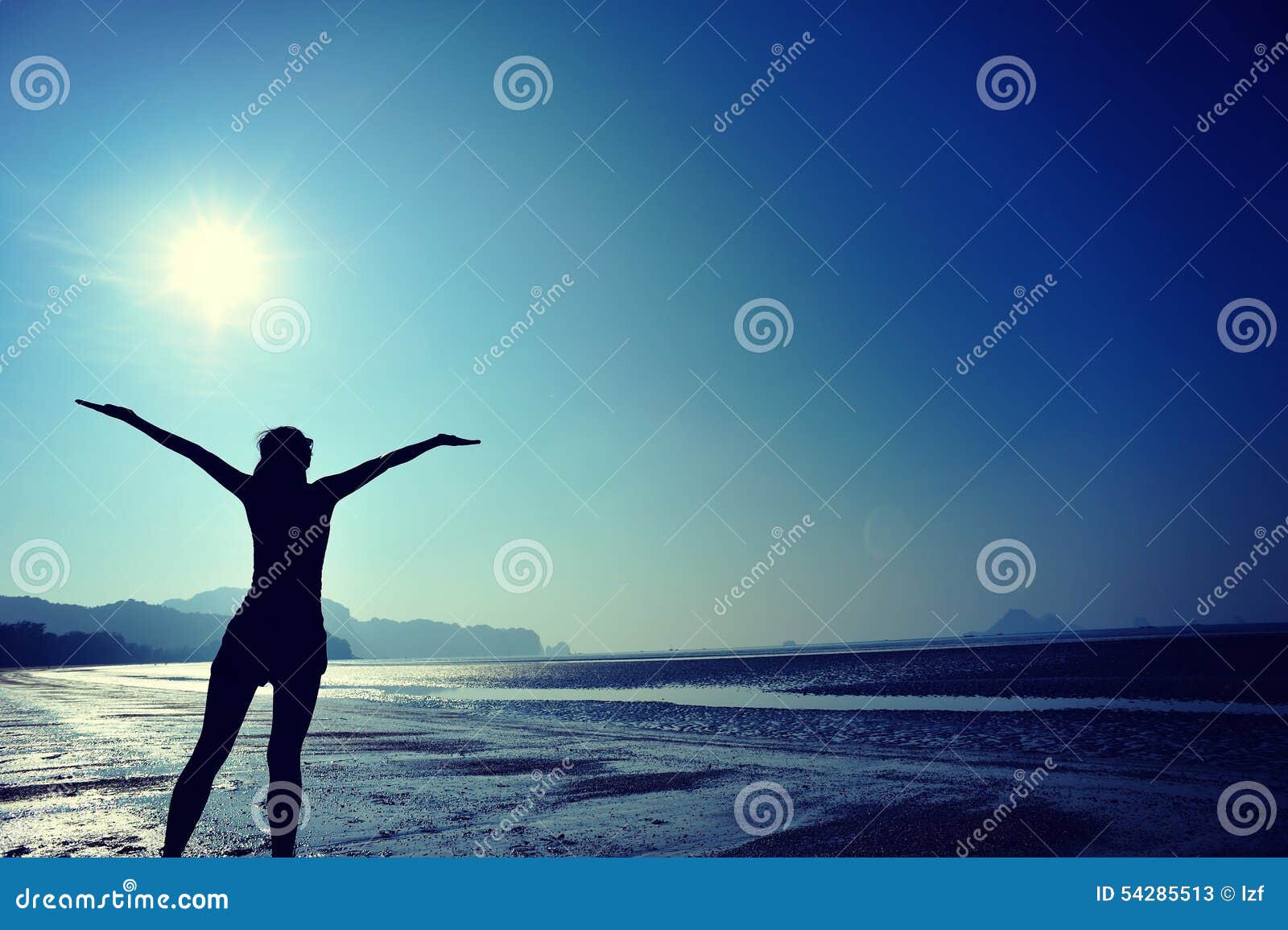 Cheering Woman Open Arms on Beach Stock Image - Image of female, blue ...