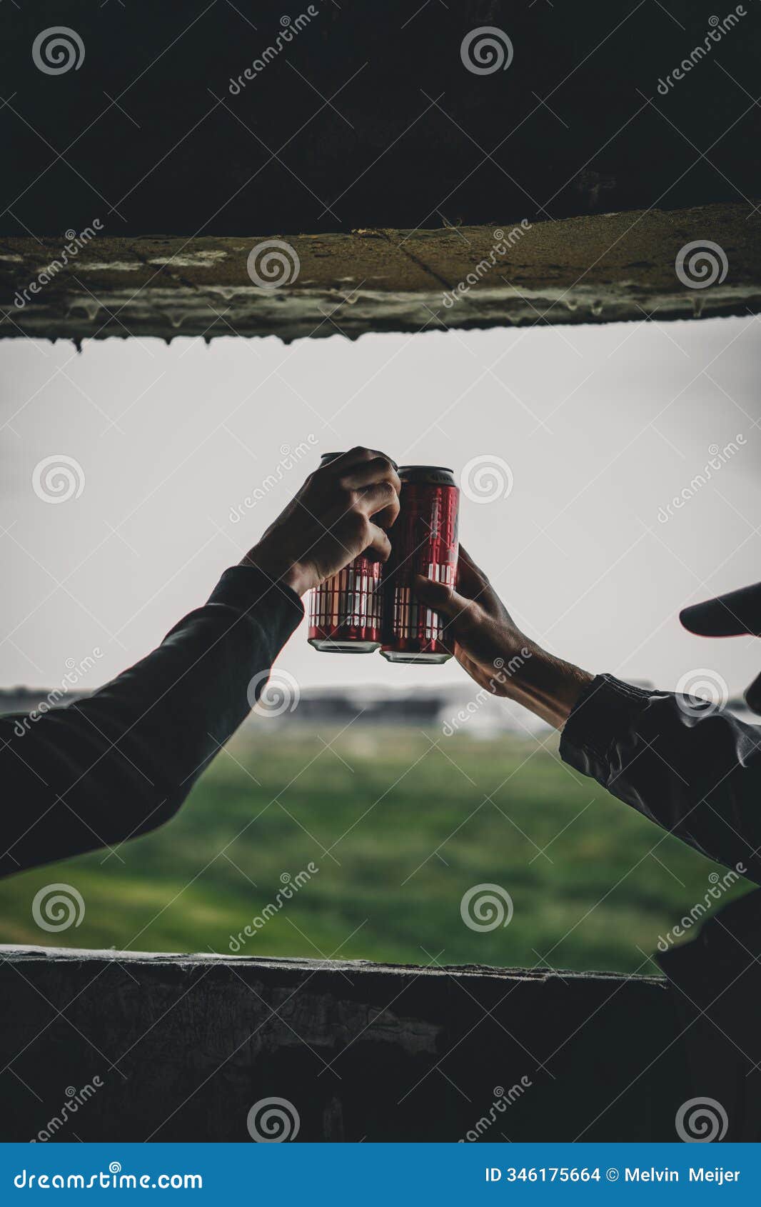 Cheers with Cans through a Broken Window Stock Photo - Image of ...