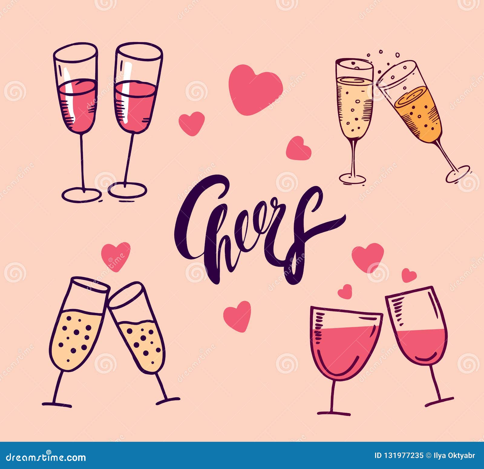Cheers Caption With Hand Drawn Wine Glasses. Hand Drawn Vector ...
