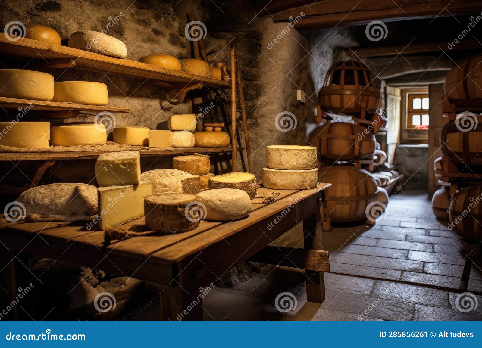 Cheese Aging on Wooden Shelves in a Cellar Stock Image - Image of food ...