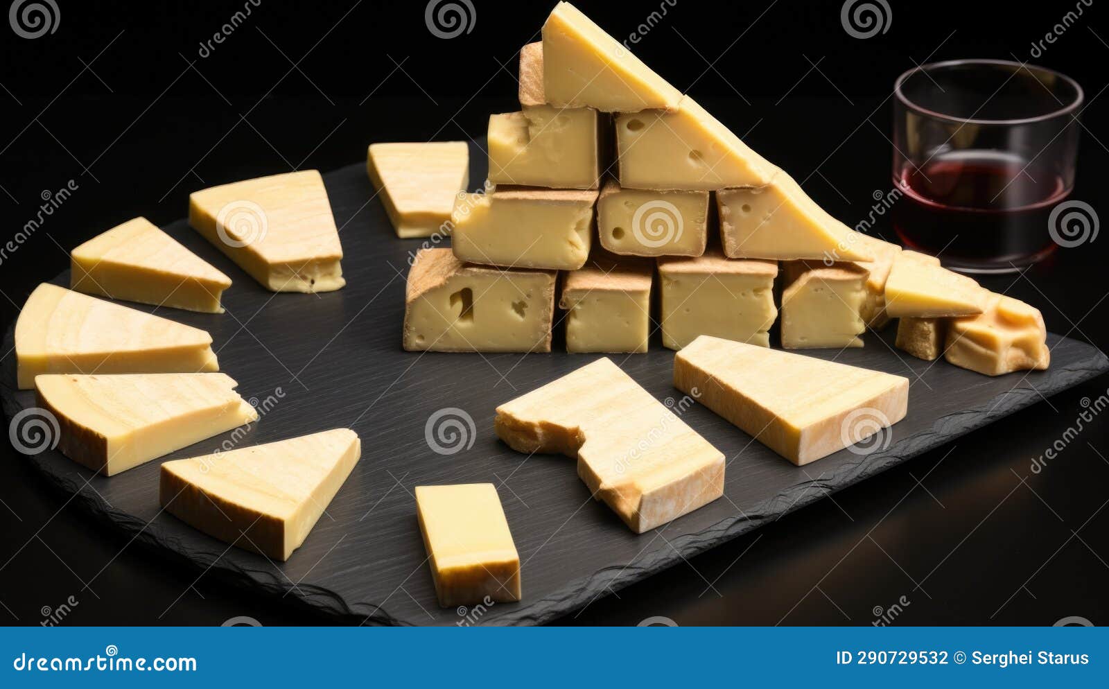Cheese on a Black Plate with a Glass of Wine, AI Stock Photo - Image of ...