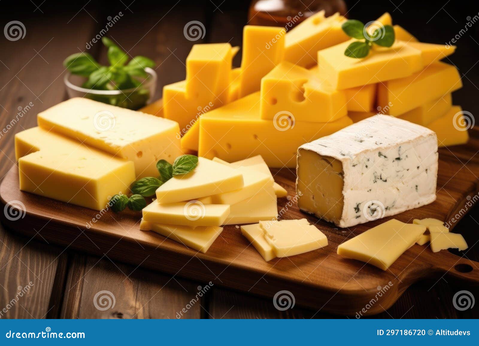 Cheese Blocks and Slices Displayed on a Board Stock Photo - Image of ...