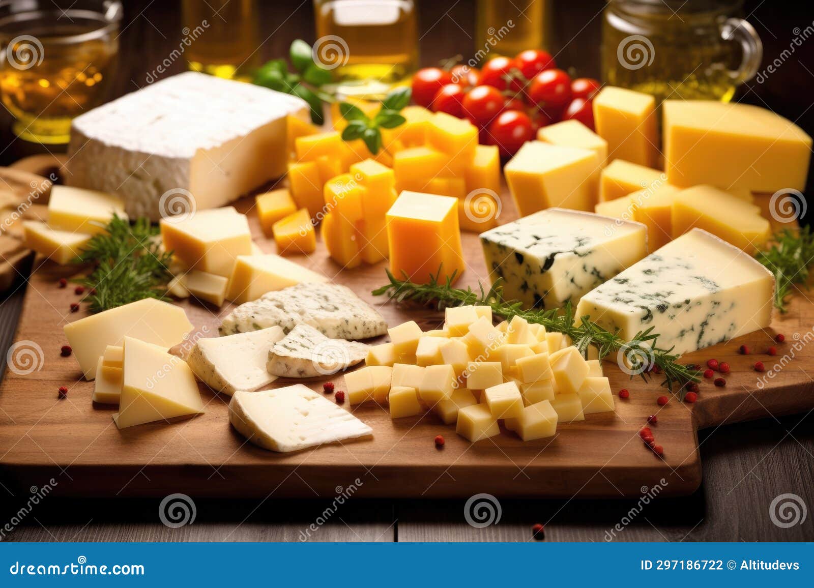 Cheese Blocks and Slices Displayed on a Board Stock Photo - Image of ...